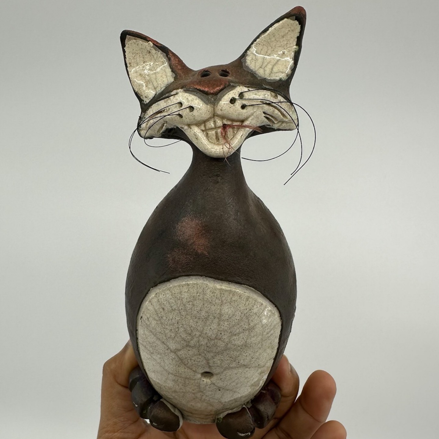 Round Tree Pottery Raku Naughty Cat Figurine signed Nolan (Windholtz) PGS