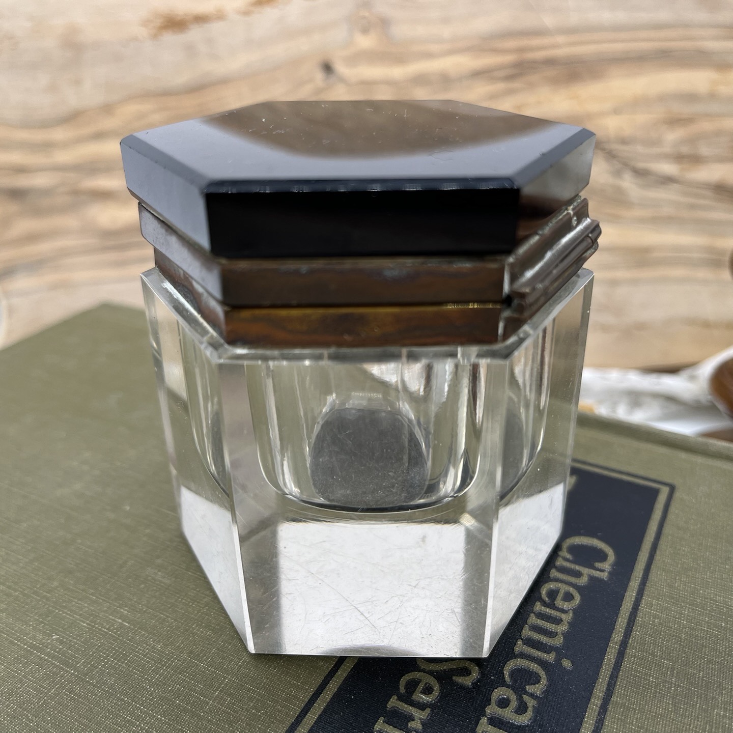 Antique Faceted Glass Ink Well Black Onyx Lid