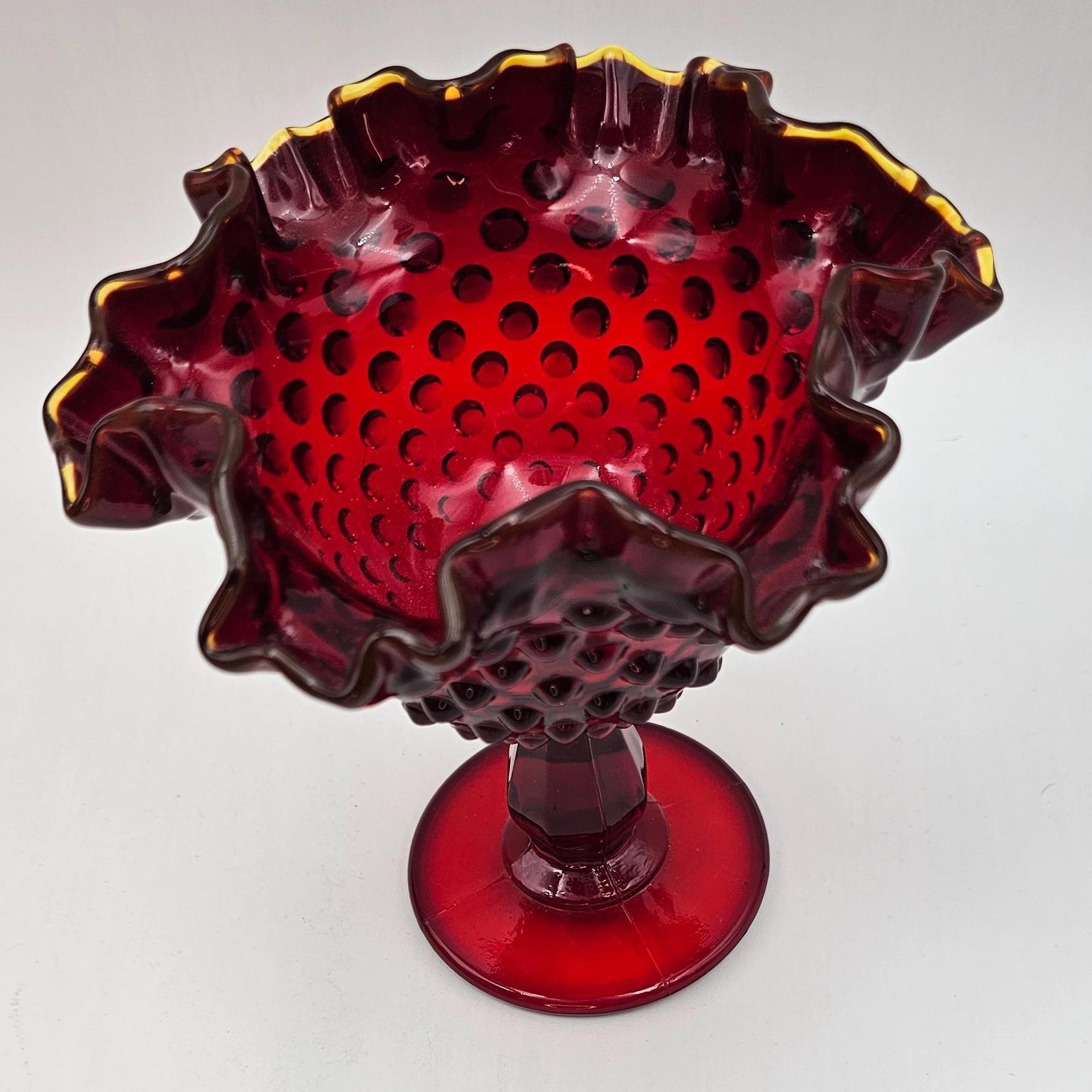 #20A - Fenton Ruby Red Amberina Glow Crested Ruffled Hobnail Compote