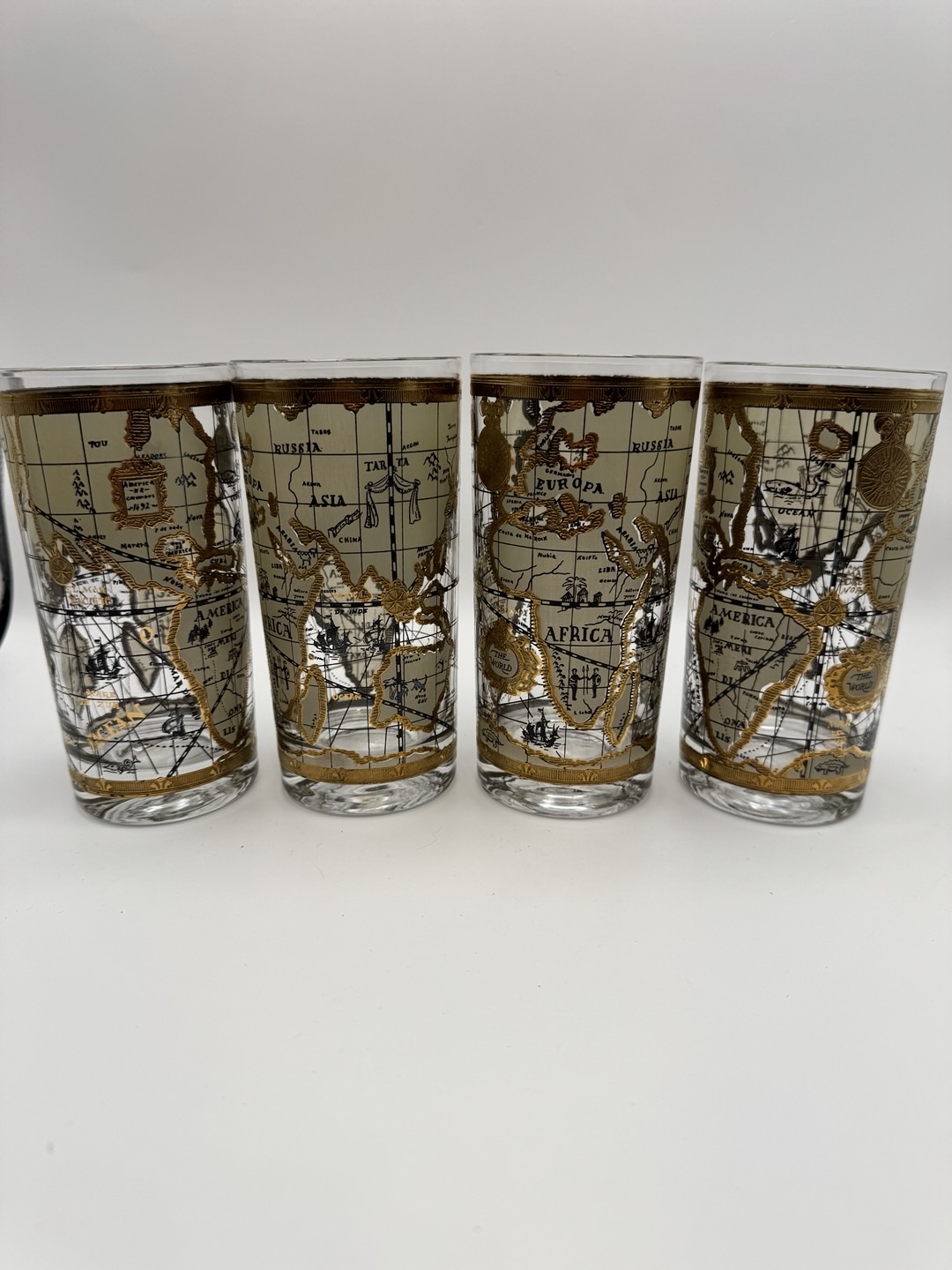 Vintage MCM Cera 22K Gold "Old World Map" Highball Cocktail Glasses ...