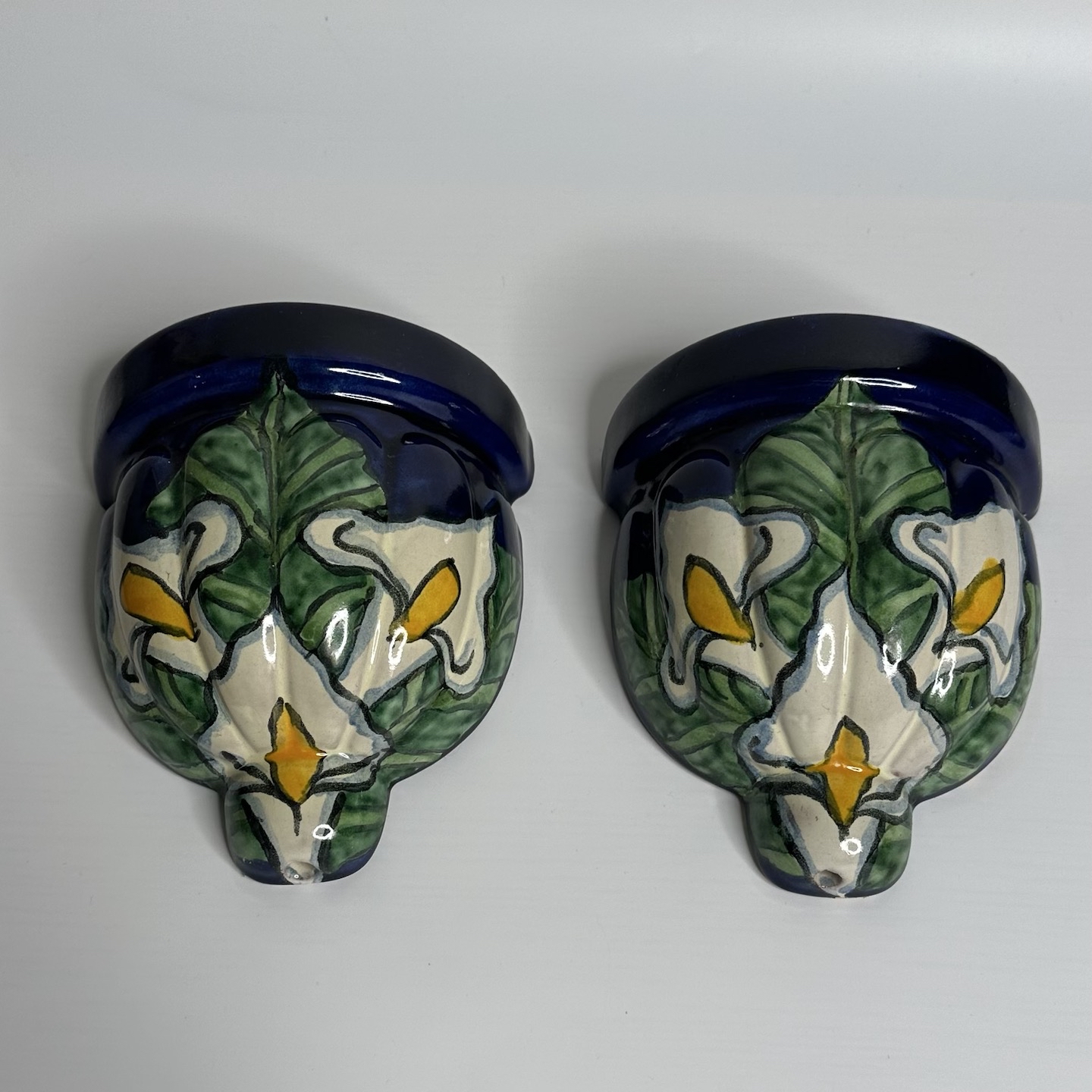 Vintage Talavera Pottery Calla Lily Wall Pockets With Drainage Hole Set/2