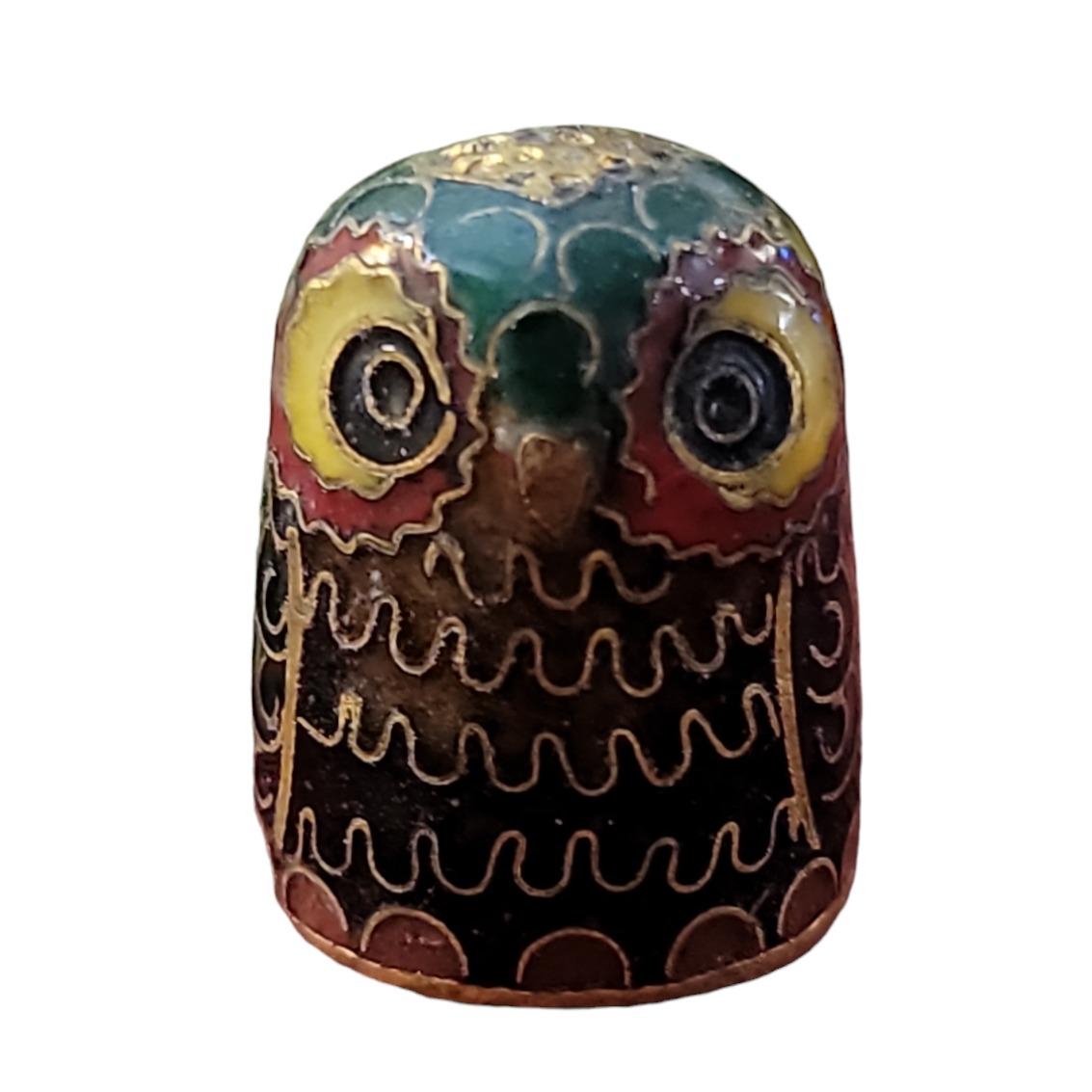 Vintage Chinese Owl Thimble Cloisonné Enamel Hand Made Green Black