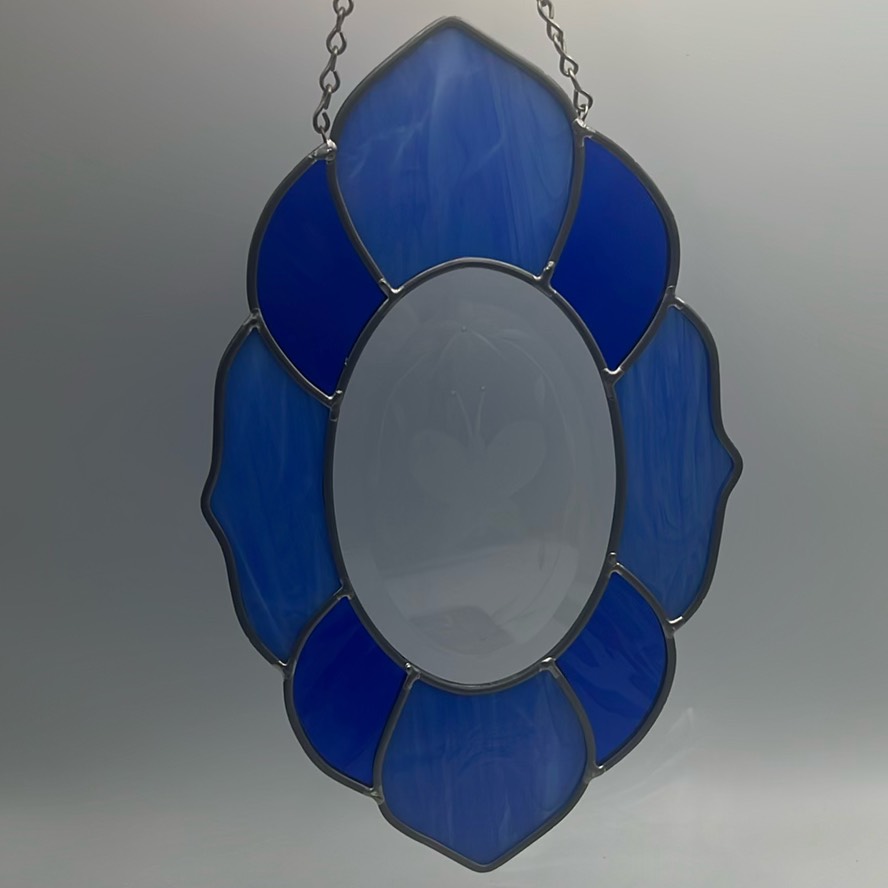 Cobalt & Clear Stained Glass Etched Butterfly Hanging 12x7.5