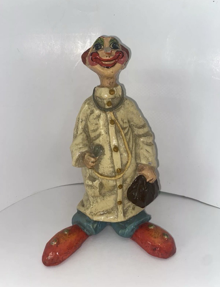 Vintage Alvarez Paper Mache Doctor Clown Mexico 10” Kitschy Signed Numbered