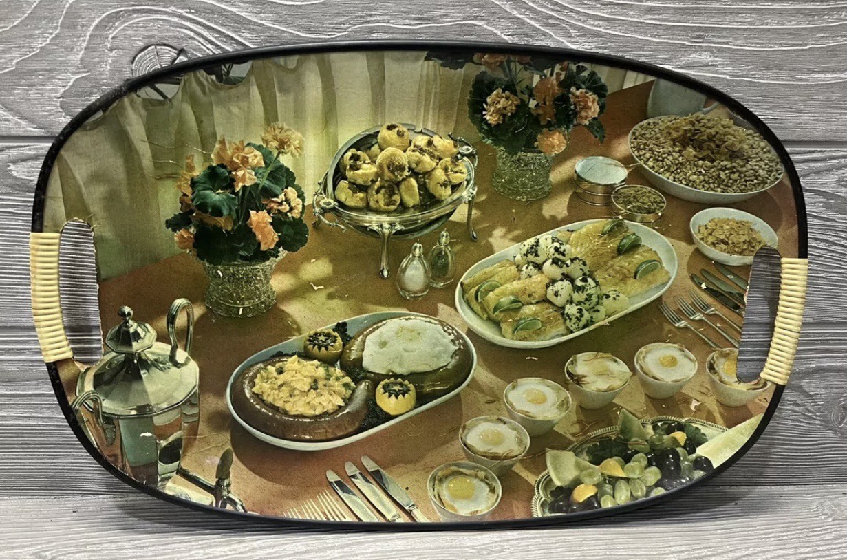 MCM Serving Tray Kitsch Food Banquet 1950s Party Fish Flowers ...