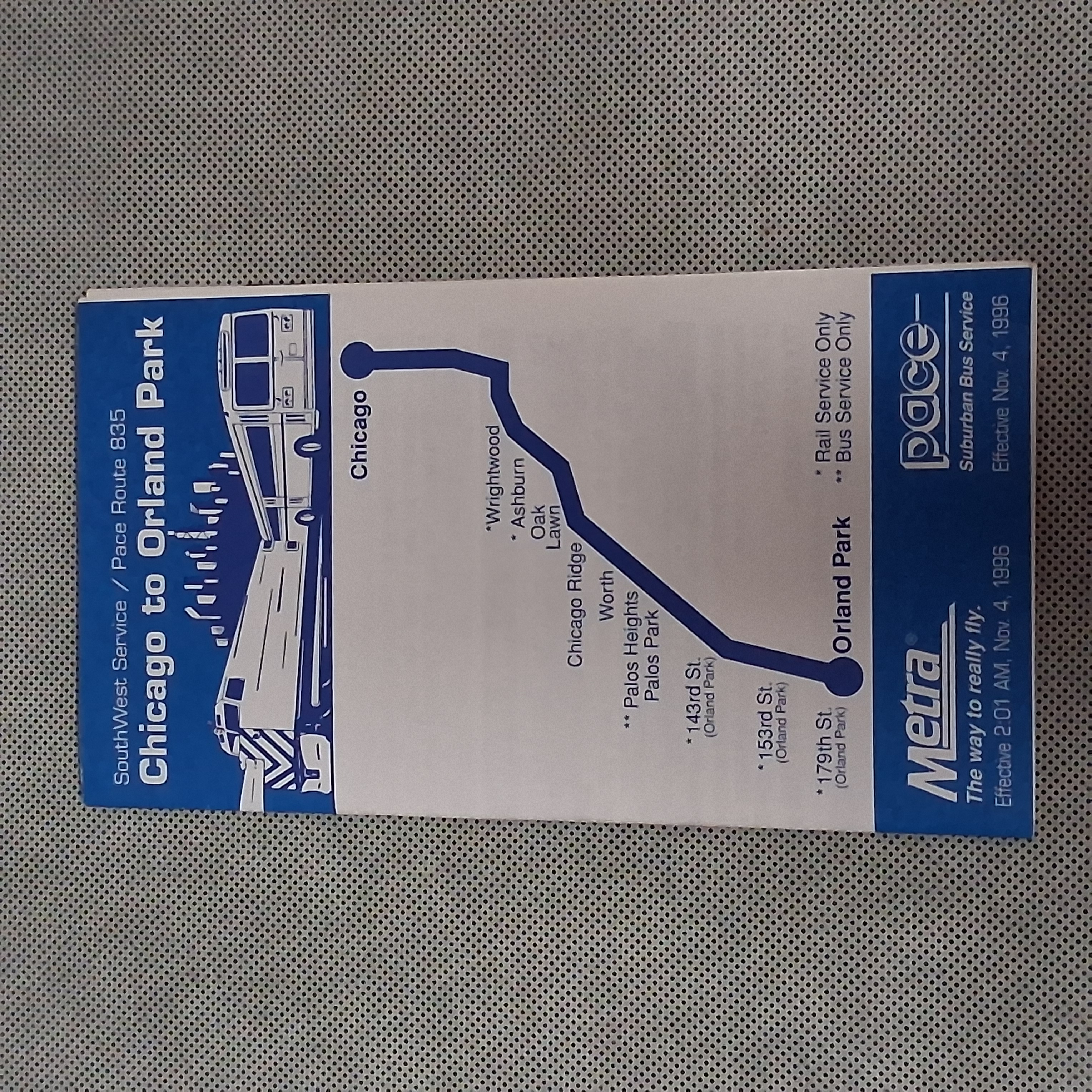 1996 METRA Timetable Chicago to Orland Park Chicago Area Metropolitan Rail