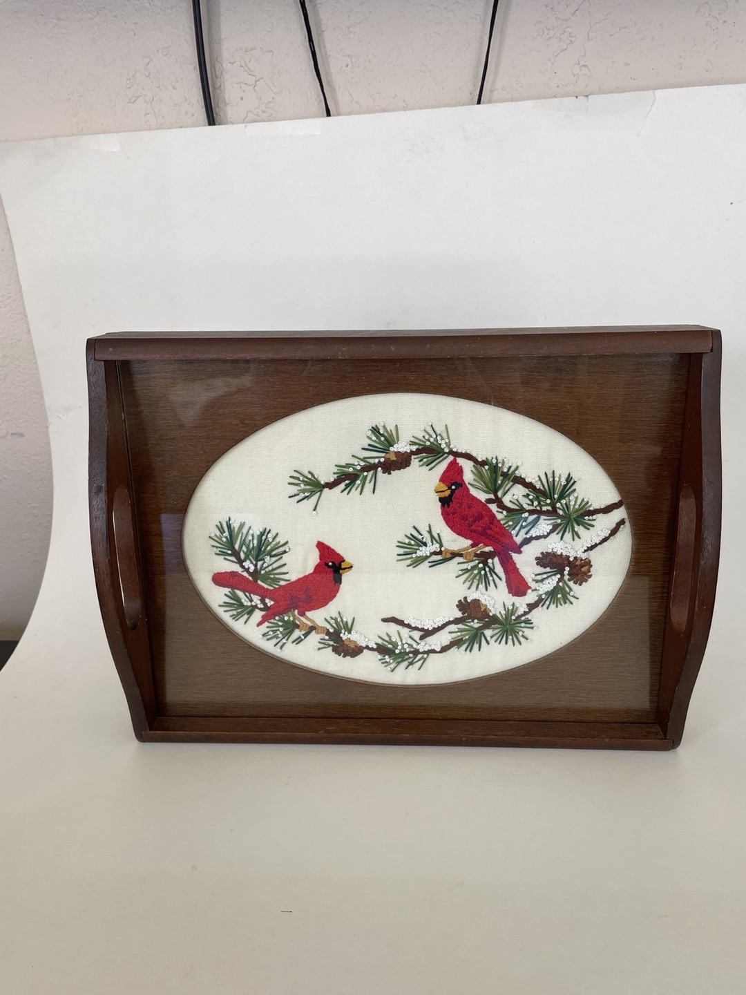 Embroidered Cardinals Tray made from the Creative Circle Cardinals Kit