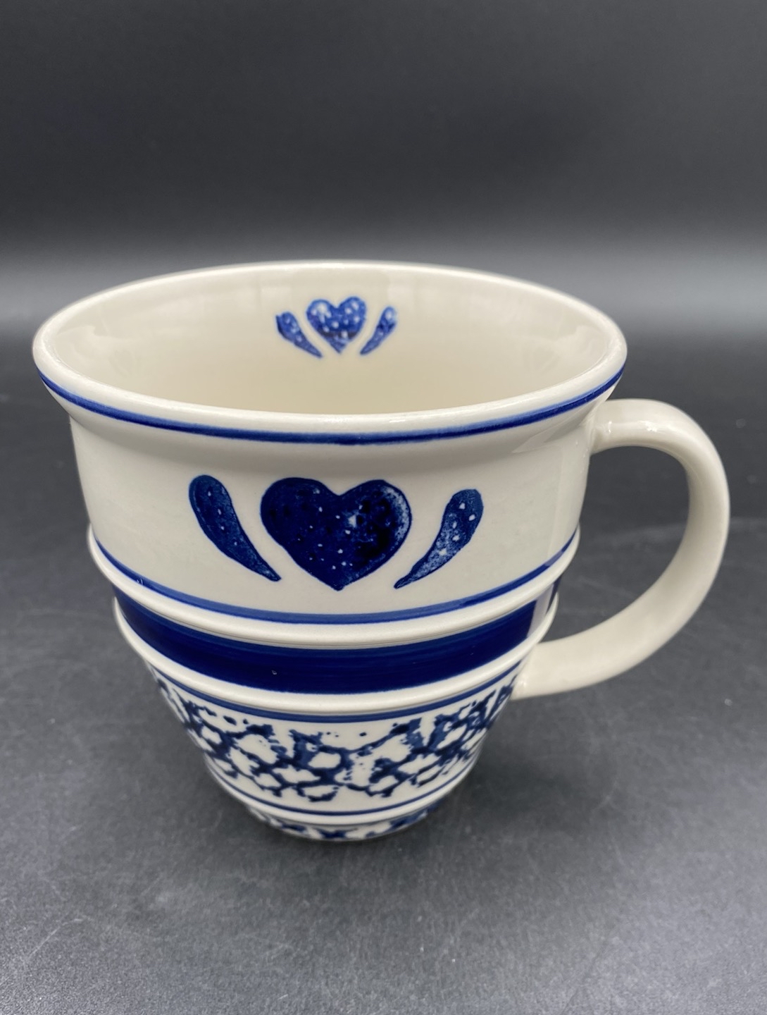 Tienshan Large Stoneware Coffee Mug, Blue Hearts & Spongeware, Banded ...