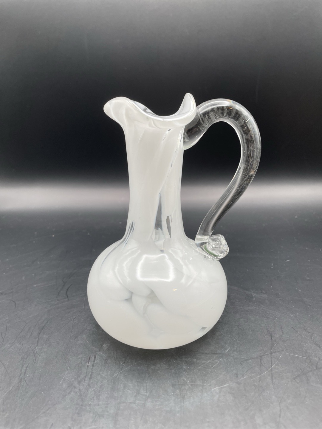 White Splatter Glass Pitcher Vase 5” Tall