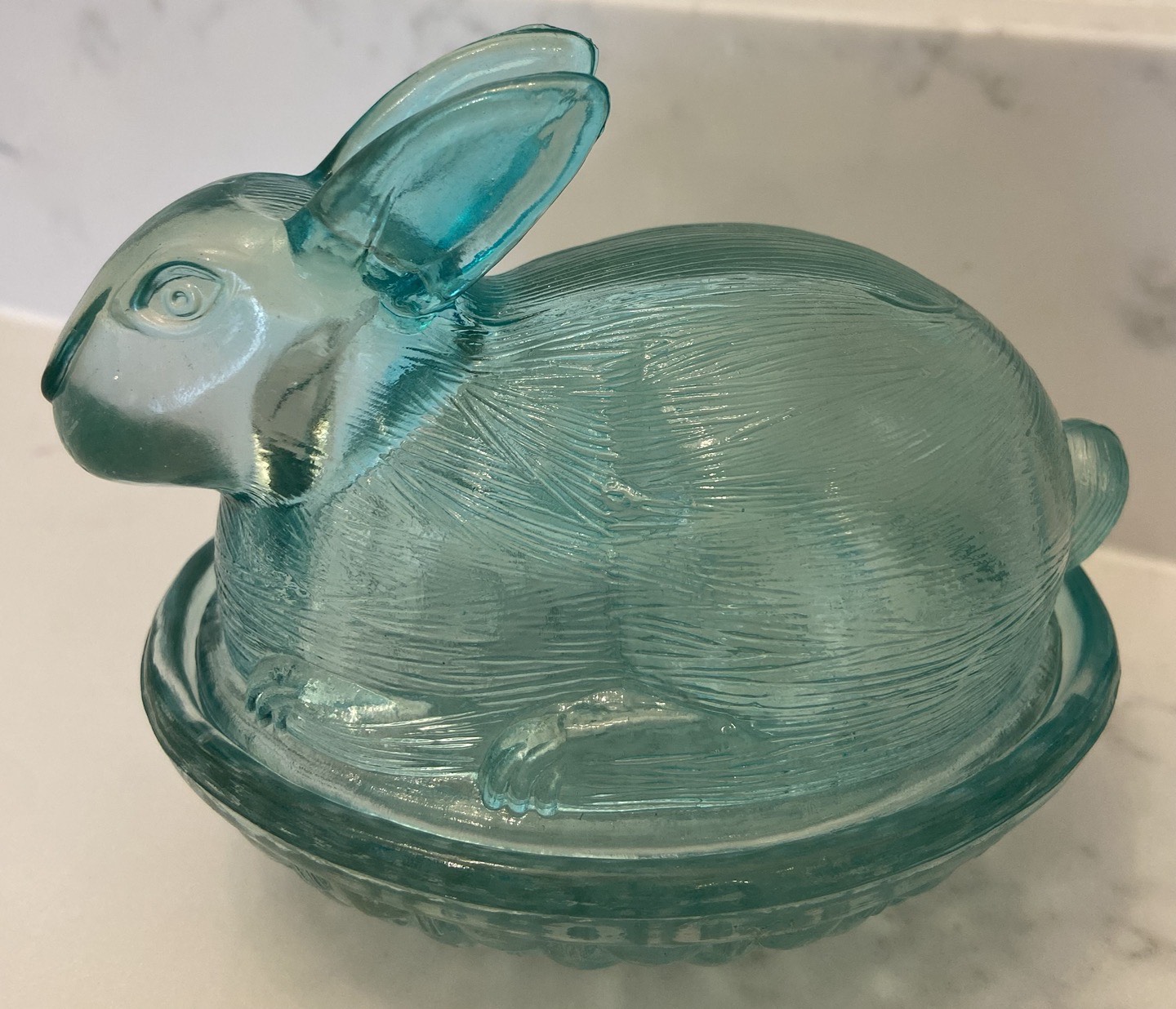 Vintage Light Blue Glass Bunny On Nest Basket Trinket Box