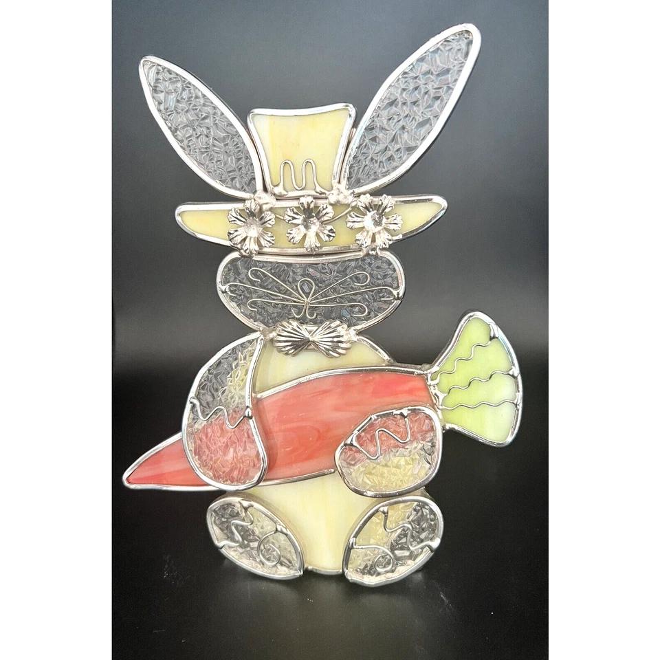 Vintage STAINED GLASS EASTER BUNNY RABBIT w/ Carrot & Bowtie Candle Holder