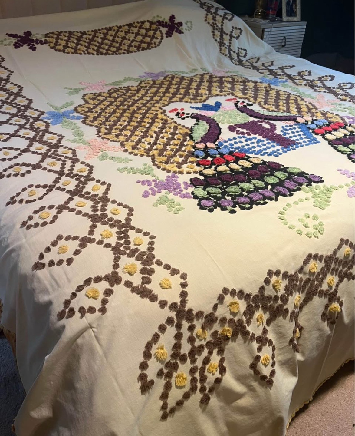 Vintage Chenille Double Peacock Queen Bedspread Approx 90x100