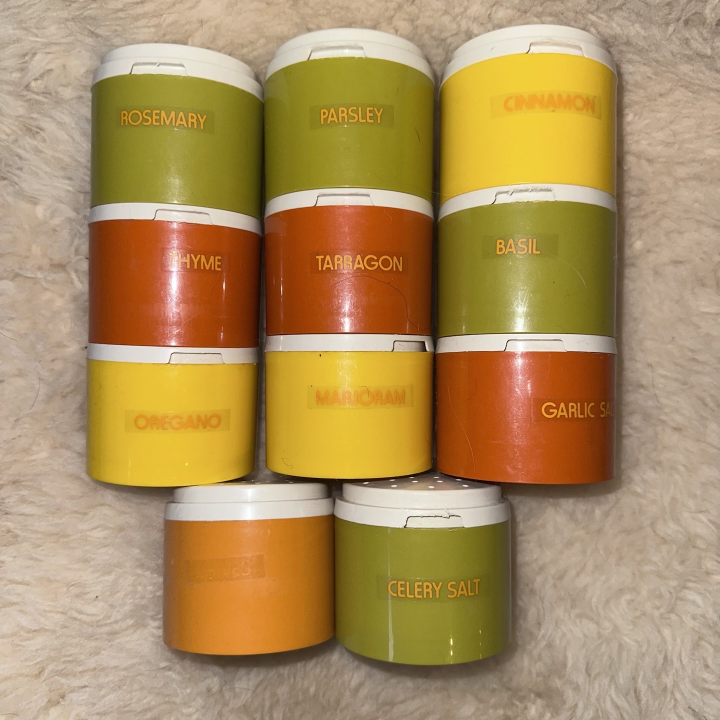 Vintage 70s Tupperware #1308 Harvest Stacking Spice Shakers Set Of 11