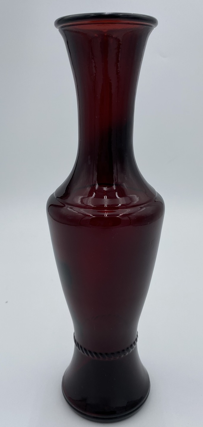 Vintage Wheaton Ruby Red Tall Vase, 11", with decorative rope belt (R2B3-4)