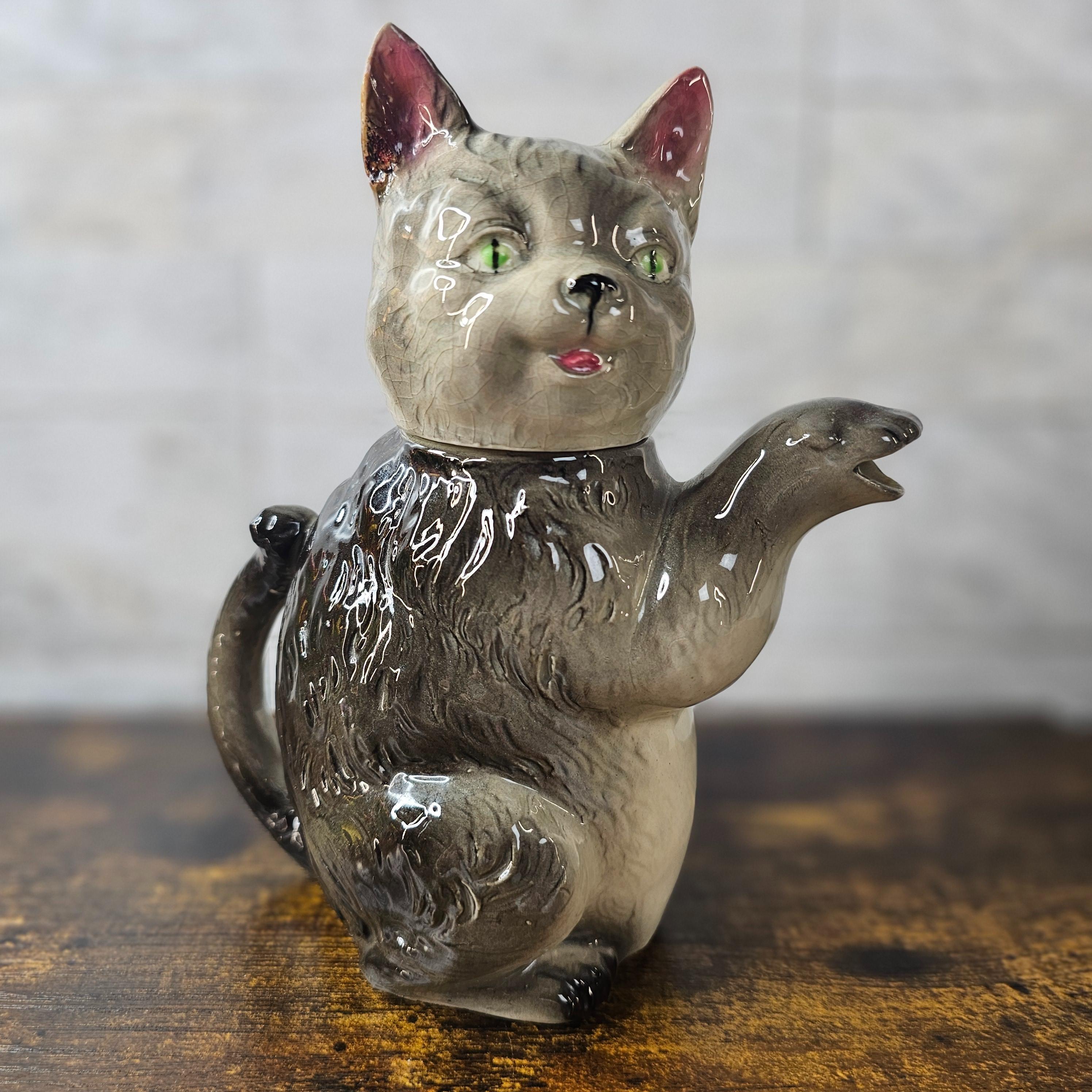 Rare Vtg 1950’s Shafford Ceramic Grey Cat Green Eyes Glazed Teapot Made ...