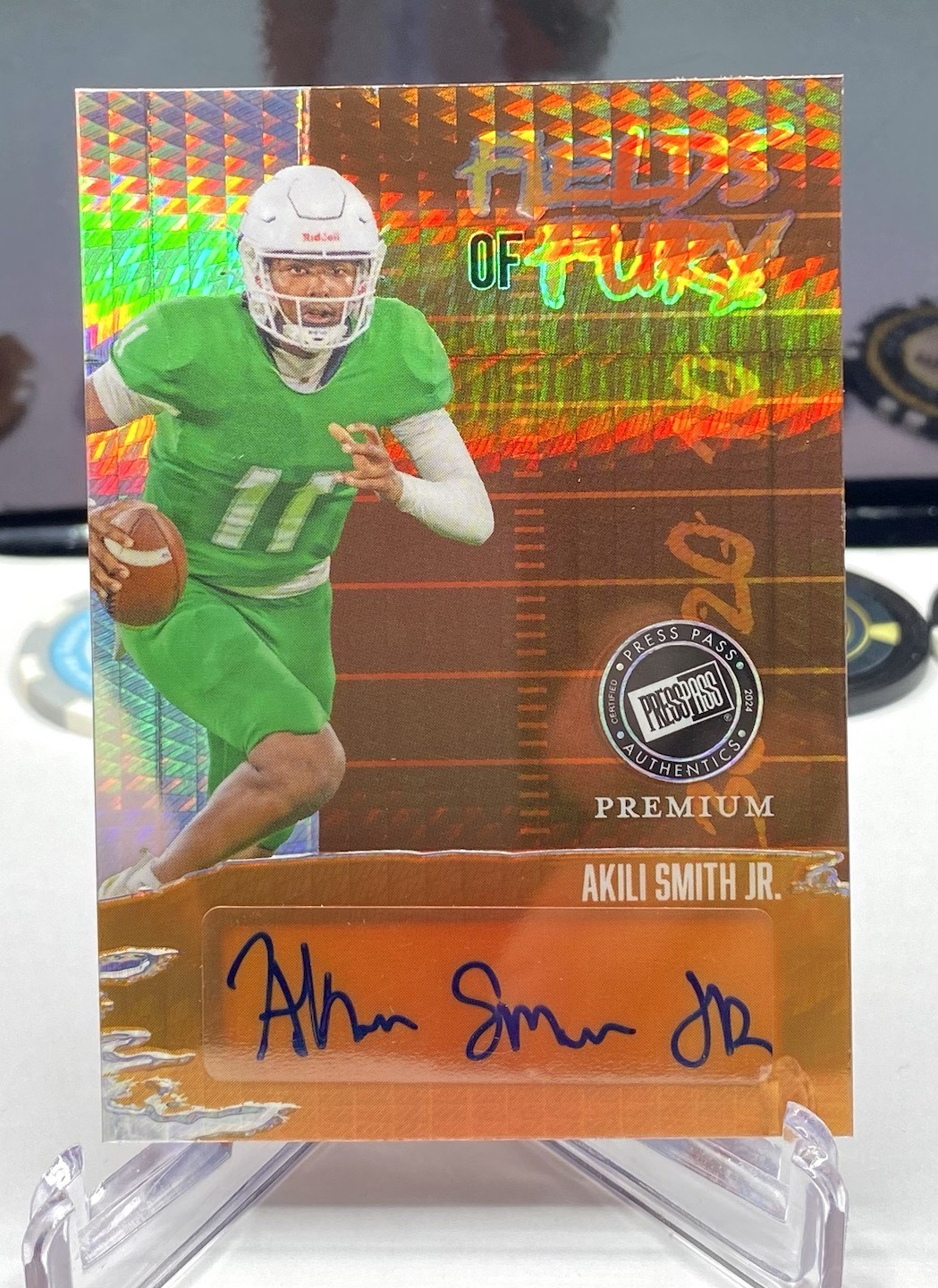 AKILI SMITH JR 2024 LEAF PRESSPASS Orange Fields of Fury Auto 14/25 ...