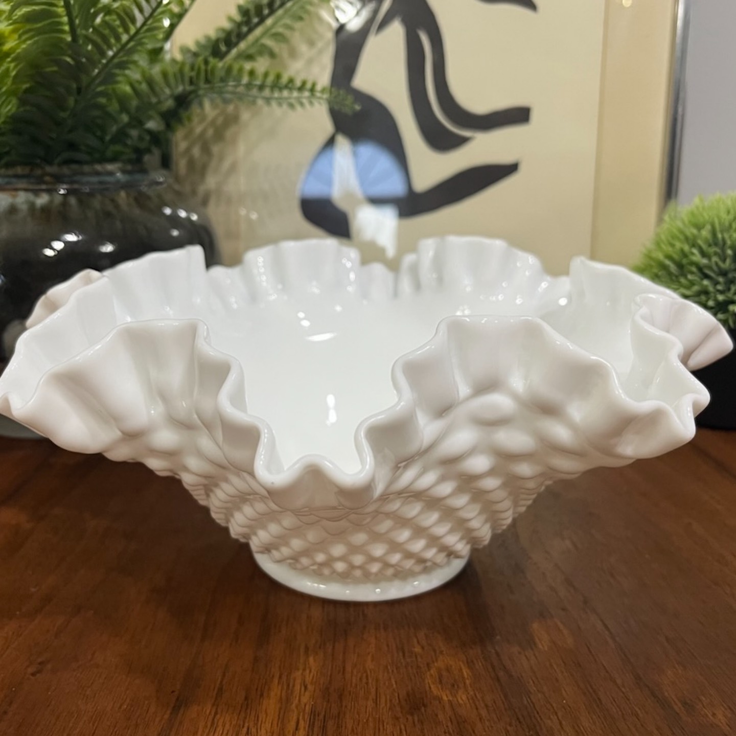 Vintage Fenton Ruffled Hobnail White Milk Glass Decorative Bowl Candy Dish