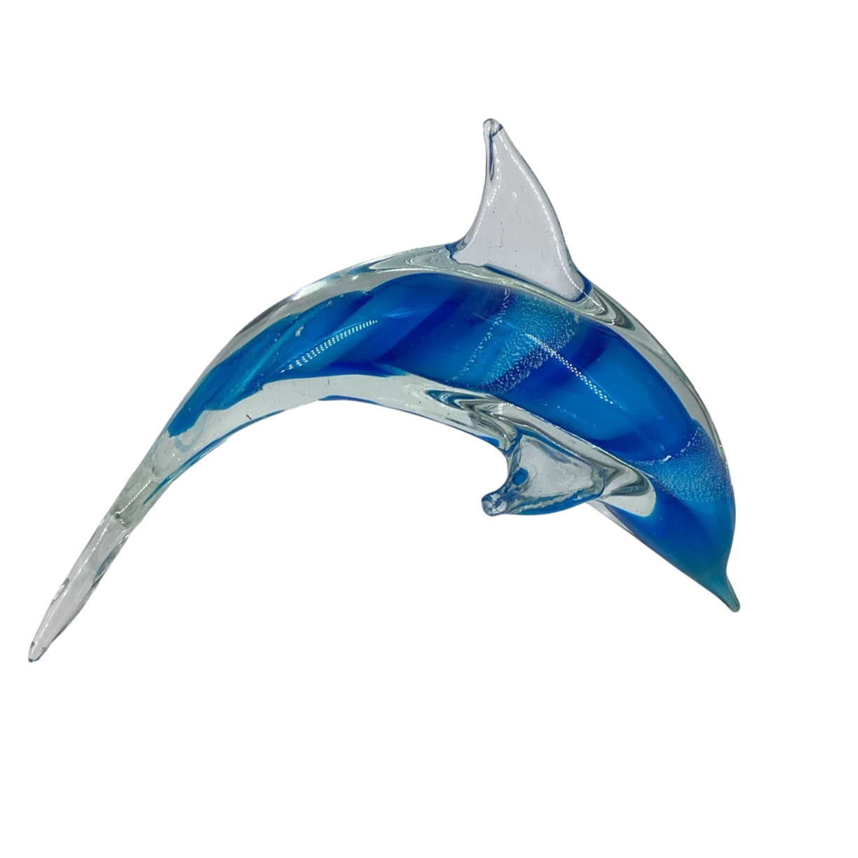 Hand Blown 10 Inch Blue Glass Dolphin With Silver Flake