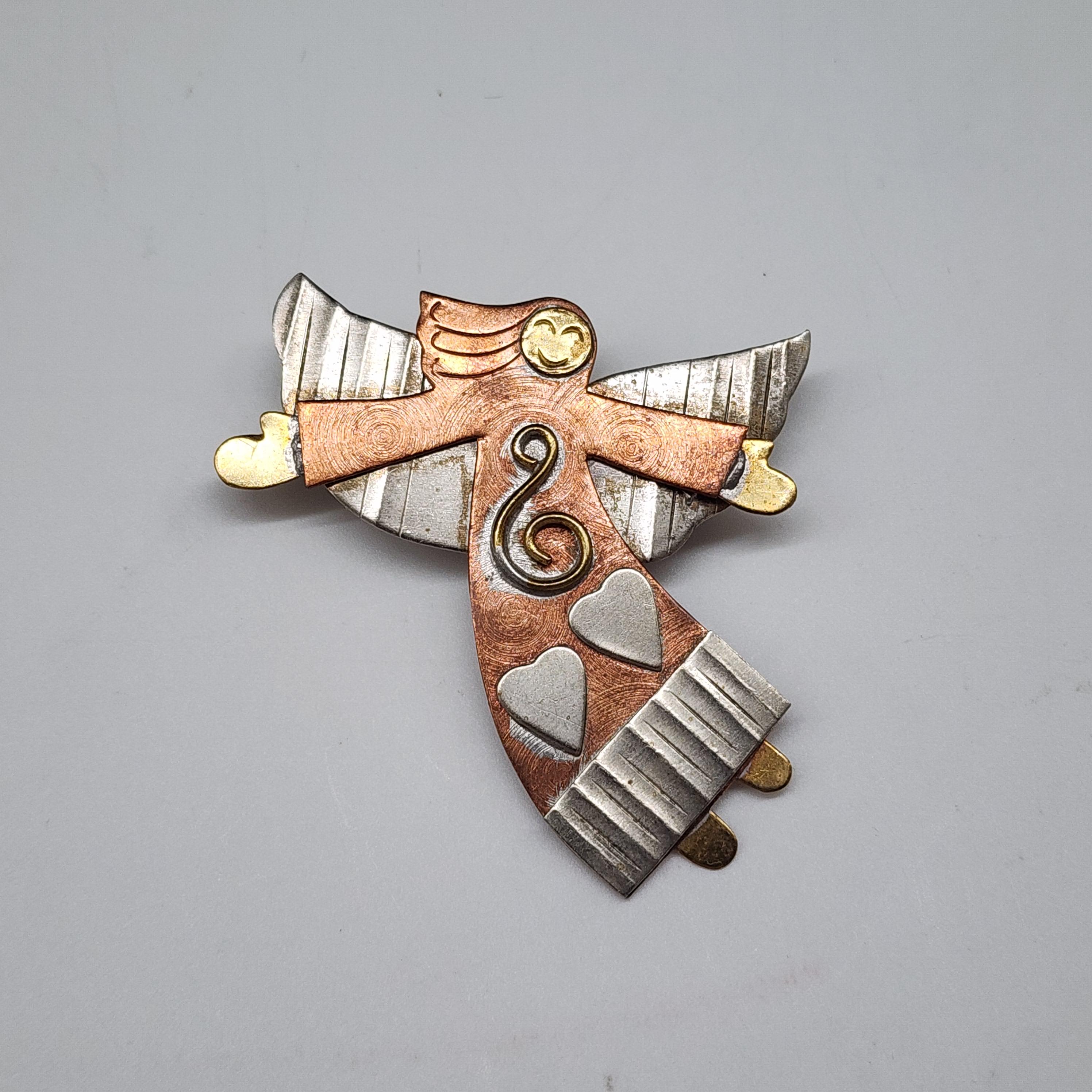 Angel Brooch Tri Color Copper Brass Metal Handmade 2" VTG