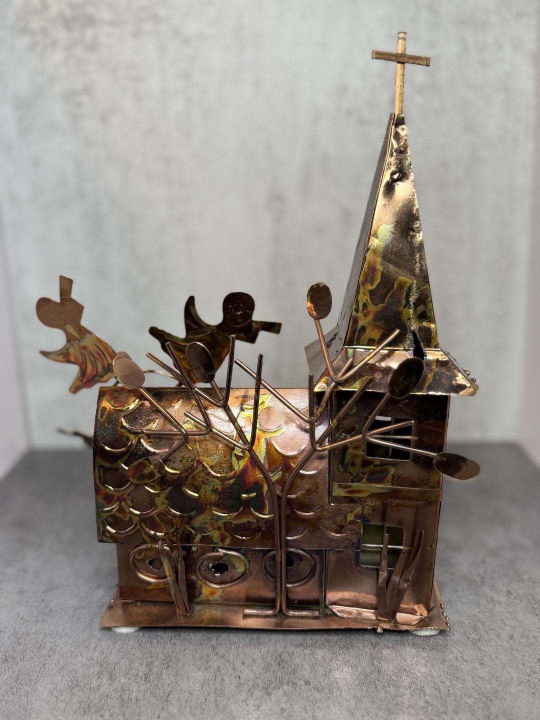 Vintage Copper Metal Musical Church with Angels. Amazing Grace.