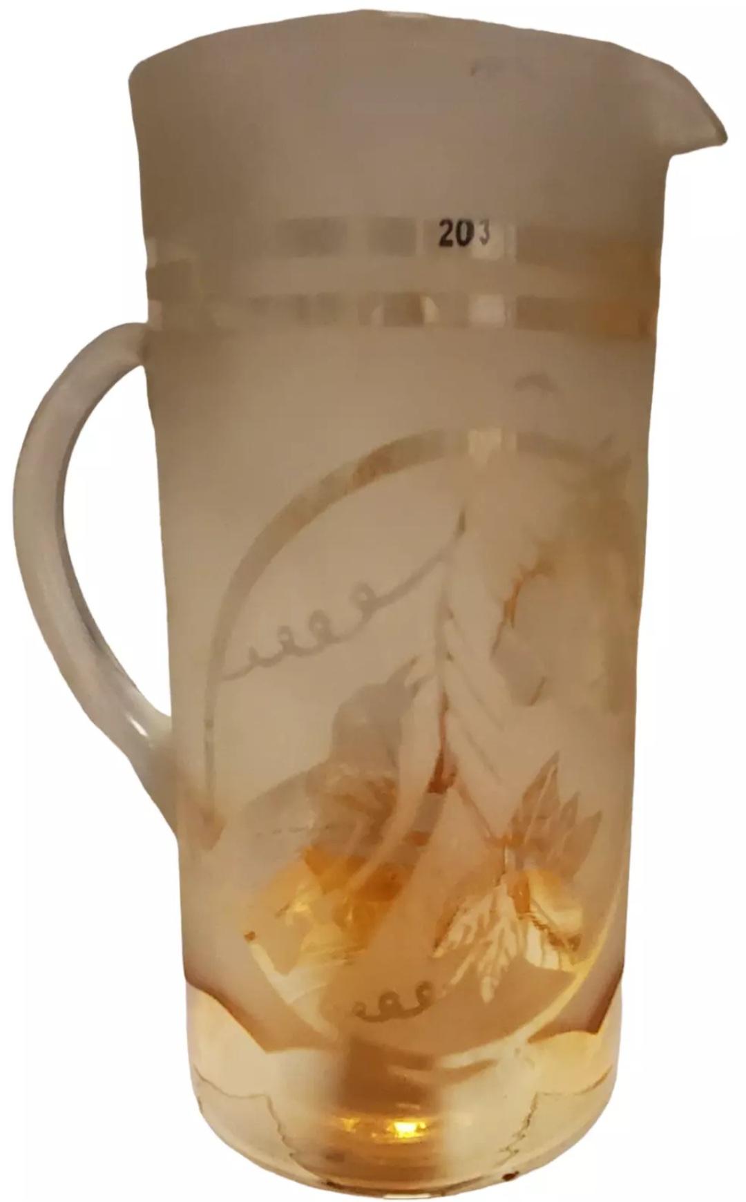 Marigold Frosted Glass Jain Swan Bird Decorated Water Pitcher India