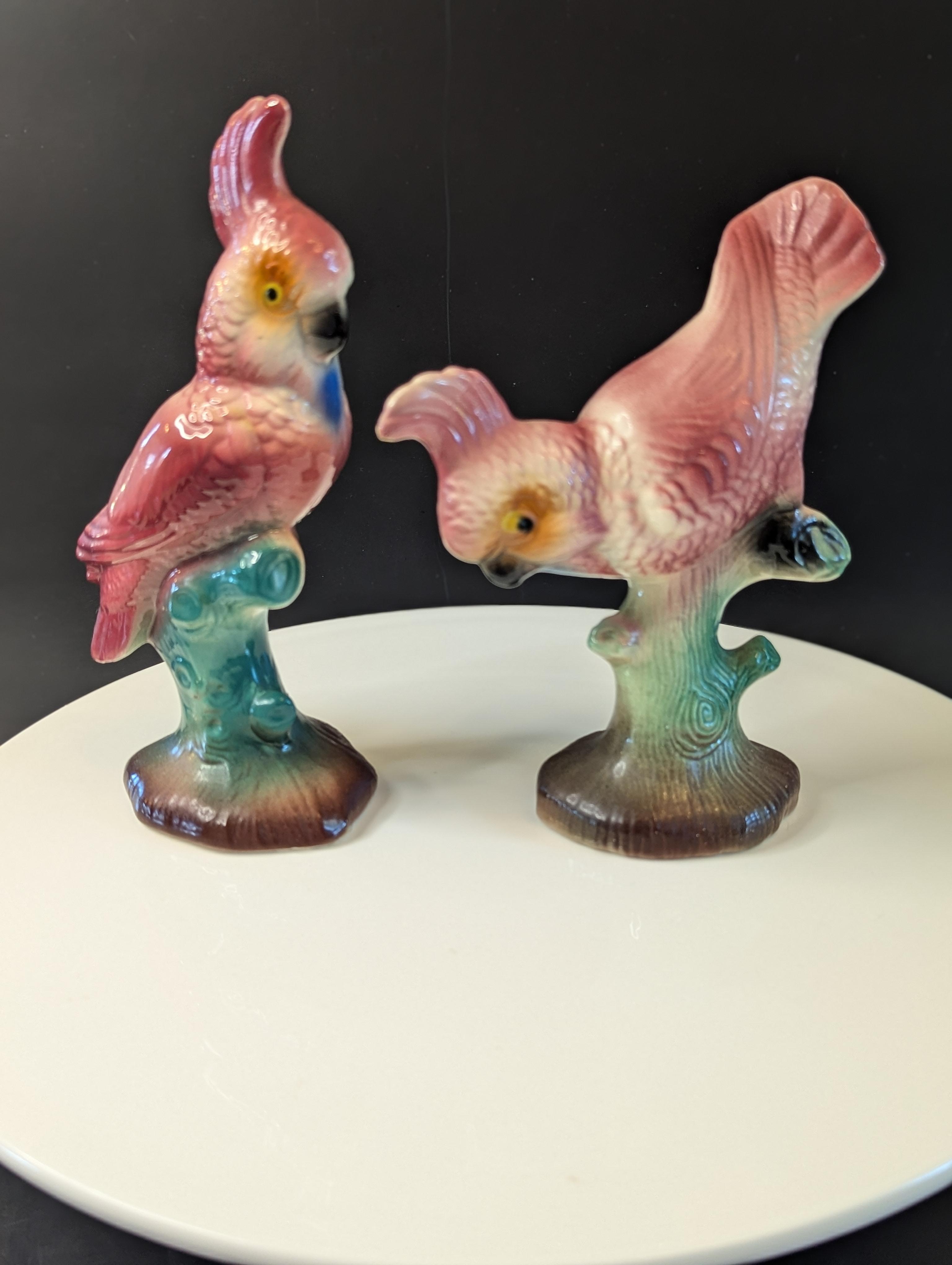 Vintage Ceramic Pink Cockatoo Figurines, Set of 2, Colorful Bird Decor