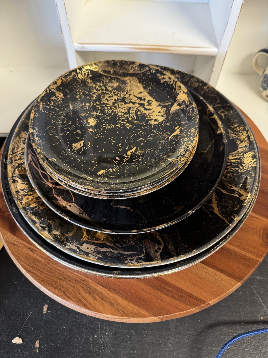 Set Of 7 SASCHA BRASTOFF PLATES BLACK/ GOLD ABSTRACT SPLATTER SWIRL