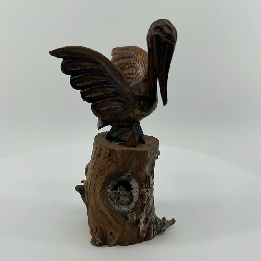 Hand Carved Wooden Perched Pelican Figure 4.75”