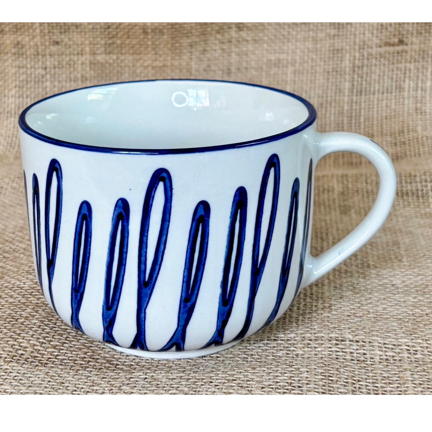 White w Blue Squiggly Lines Cappuccino Mug Cup Ceramic Artsy Whimsical ...
