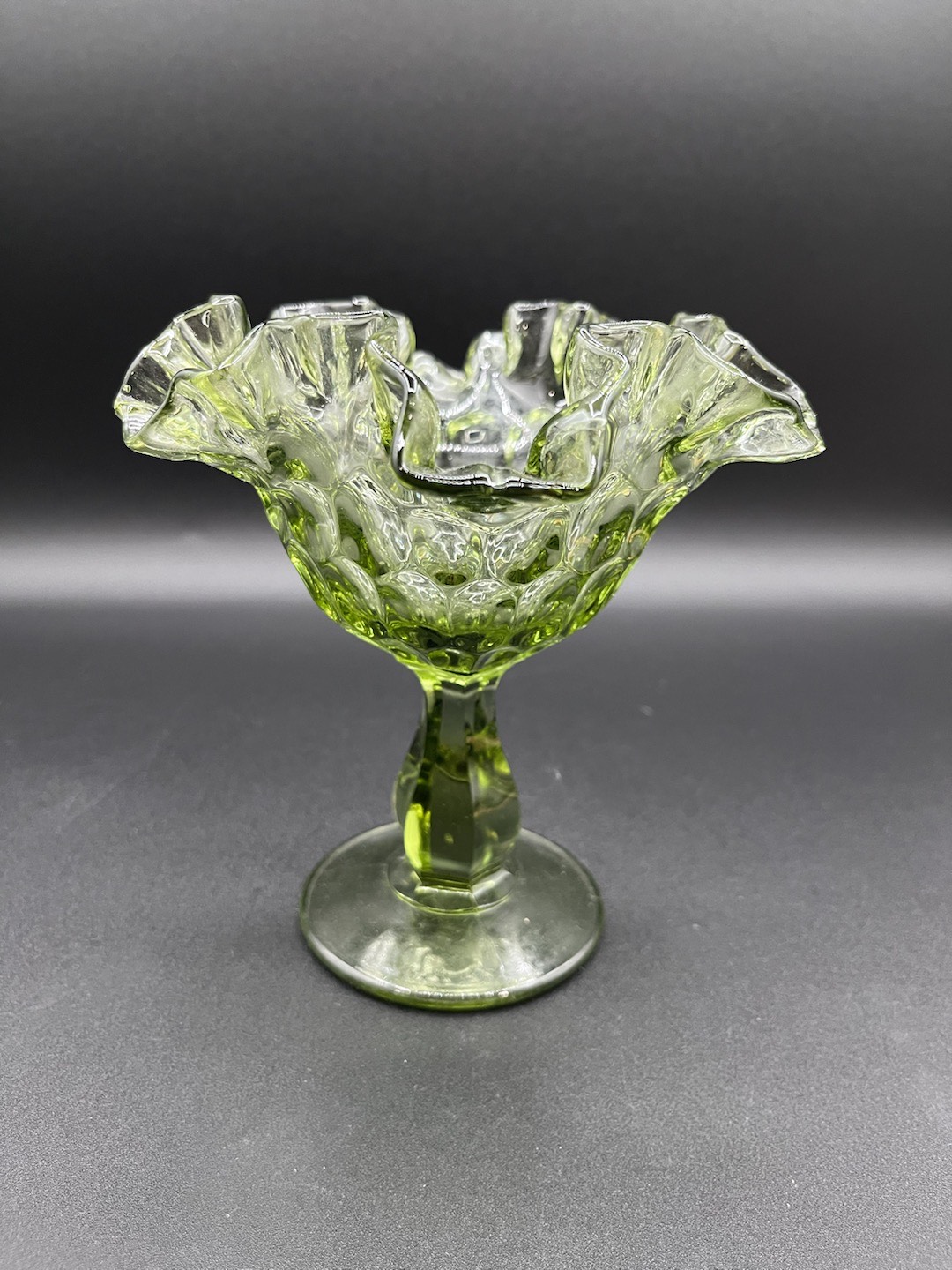 #07 Fenton Colonial Green Thumbprint Ruffle Glass Pedestal Compote 6”