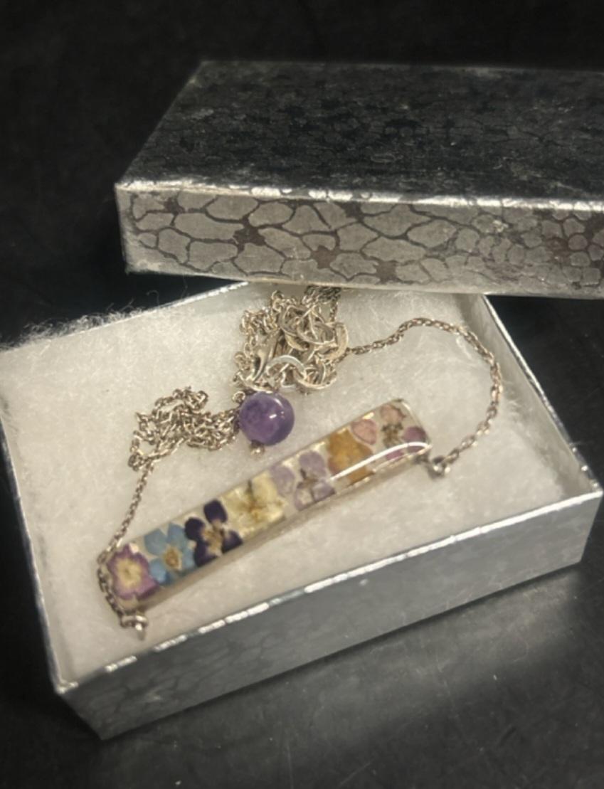 925 Sterling ATI Signed Mexico Pressed Flower Necklace