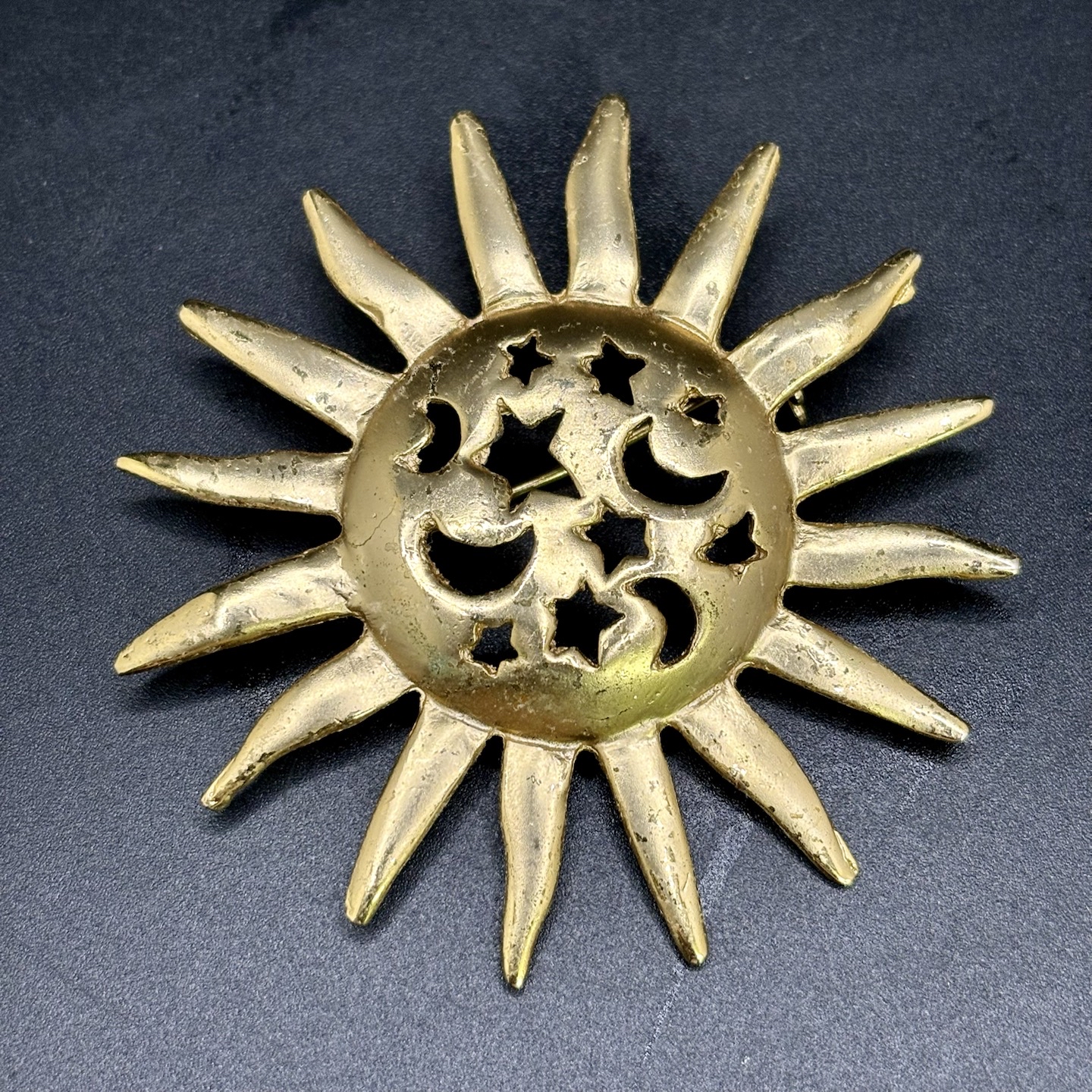 Gold Tone Sun Brooch With Cut Out Moons And Stars Astrology