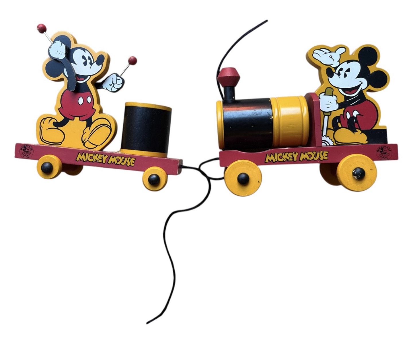 02. Vintage Pair Of Fossil 1997 Mickey Mouse Wooden Pull Toy Trains