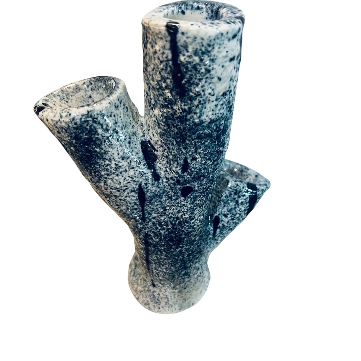 014 Studio Pottery 3 Finger Vase Signed Blue & White Farmhouse Boho