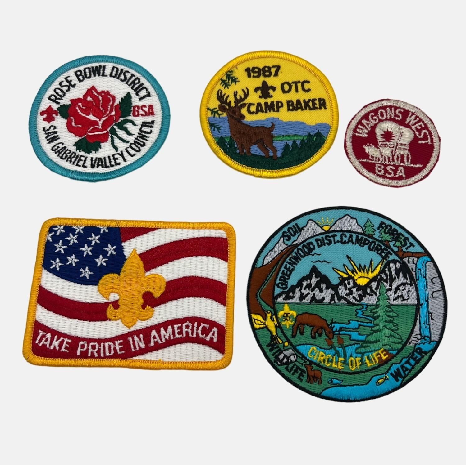 Vintage Boy Scout Patches Lot Rose Bowl District, 1987 Camp Baker, Wagons West
