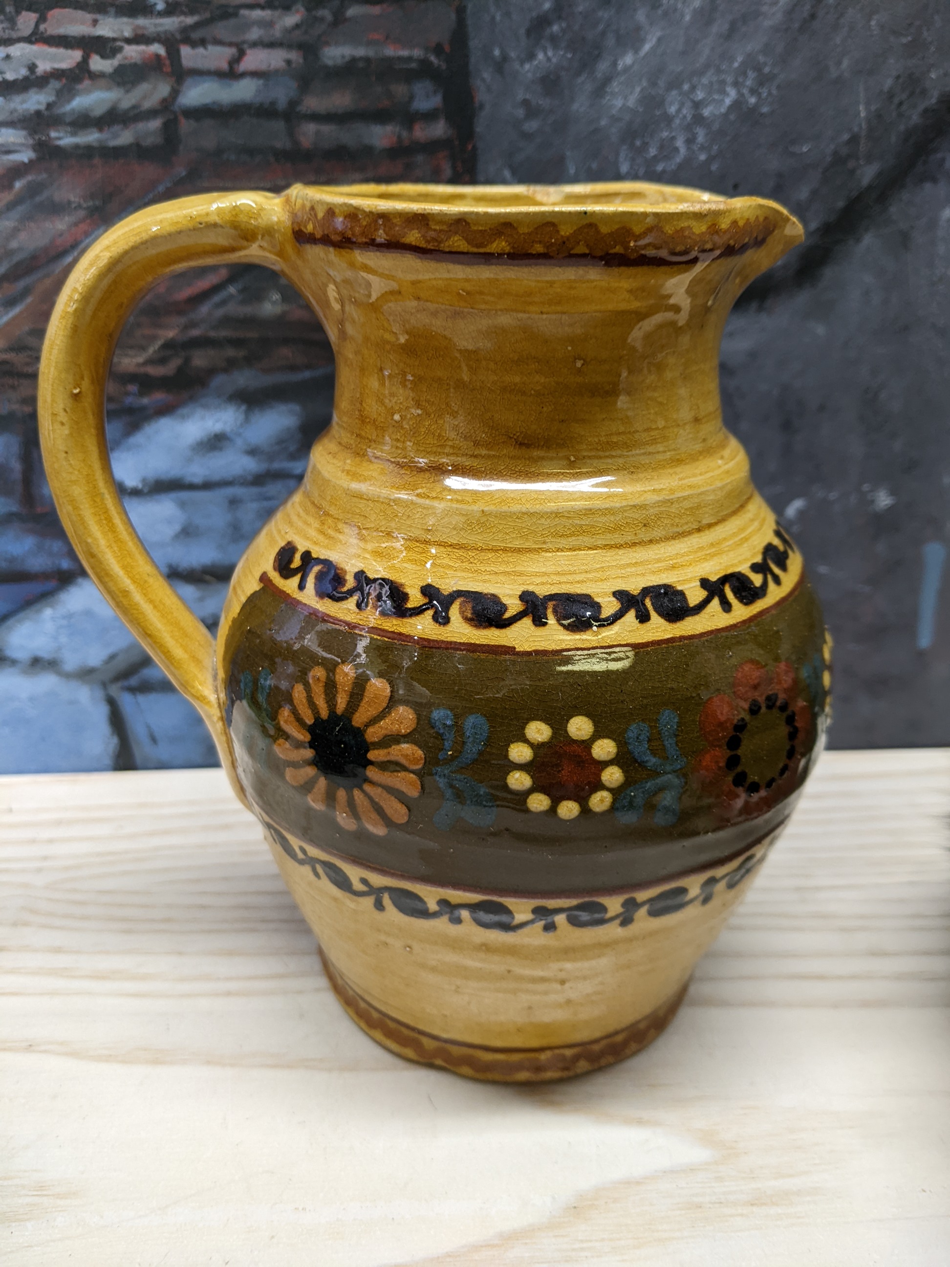 Antique Pottery Jug Slipware Mustard Yellow Pitcher 6 1/2in Hand ...