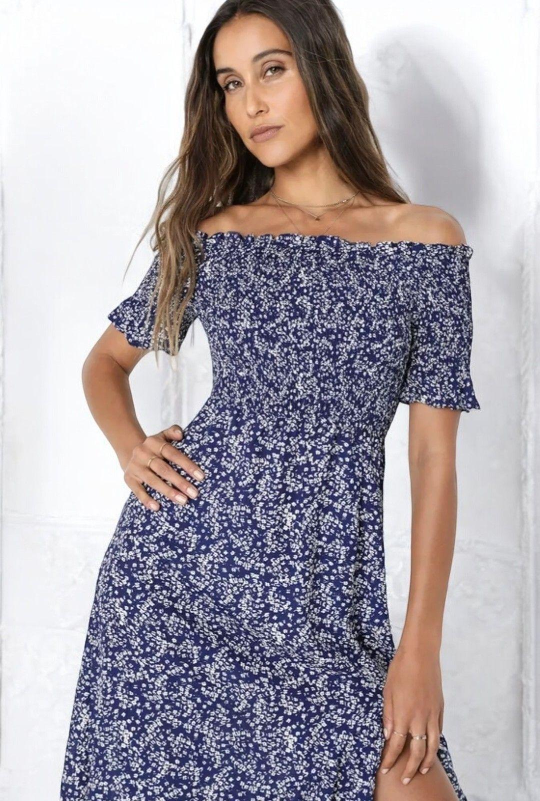 Lulus Blue White Floral Lightweight Flowy Womens Off Shoulder Maxi ...