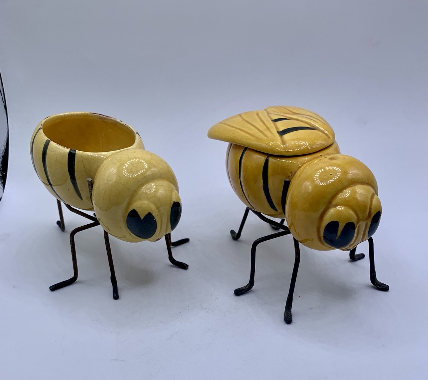 Vintage Ceramic Bumble Bee Honey Pot with Lid And Metal Legs Stand Plus ...