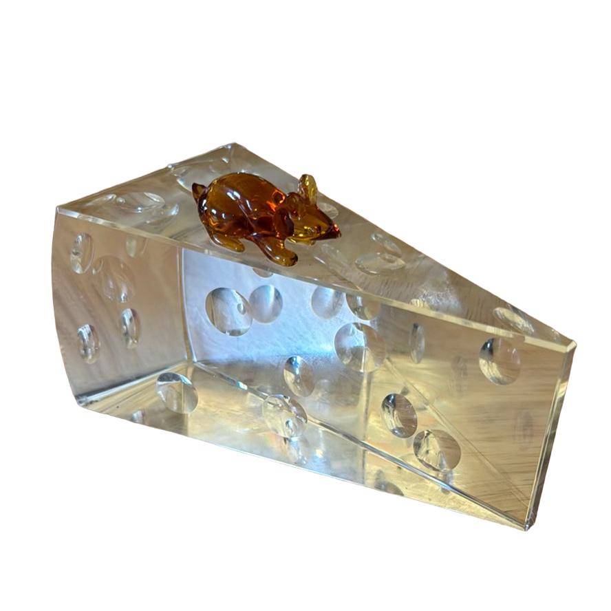 Vintage Shannon Crystal Swiss Cheese Wedge/Paperweight W Amber Glass Mouse