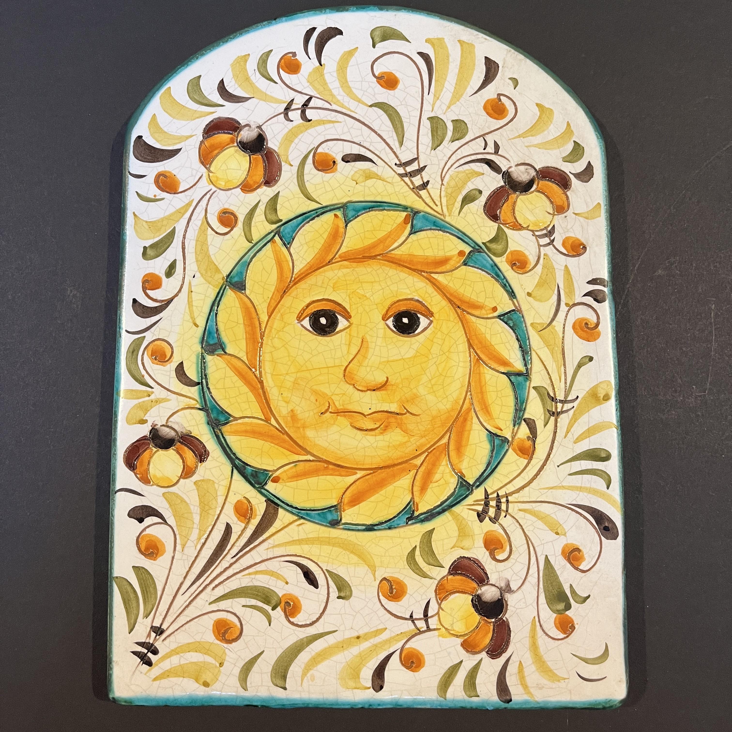 Italian Terra Cotta Tile Hand Painted Glazed Sun Patio Decoration Vintage