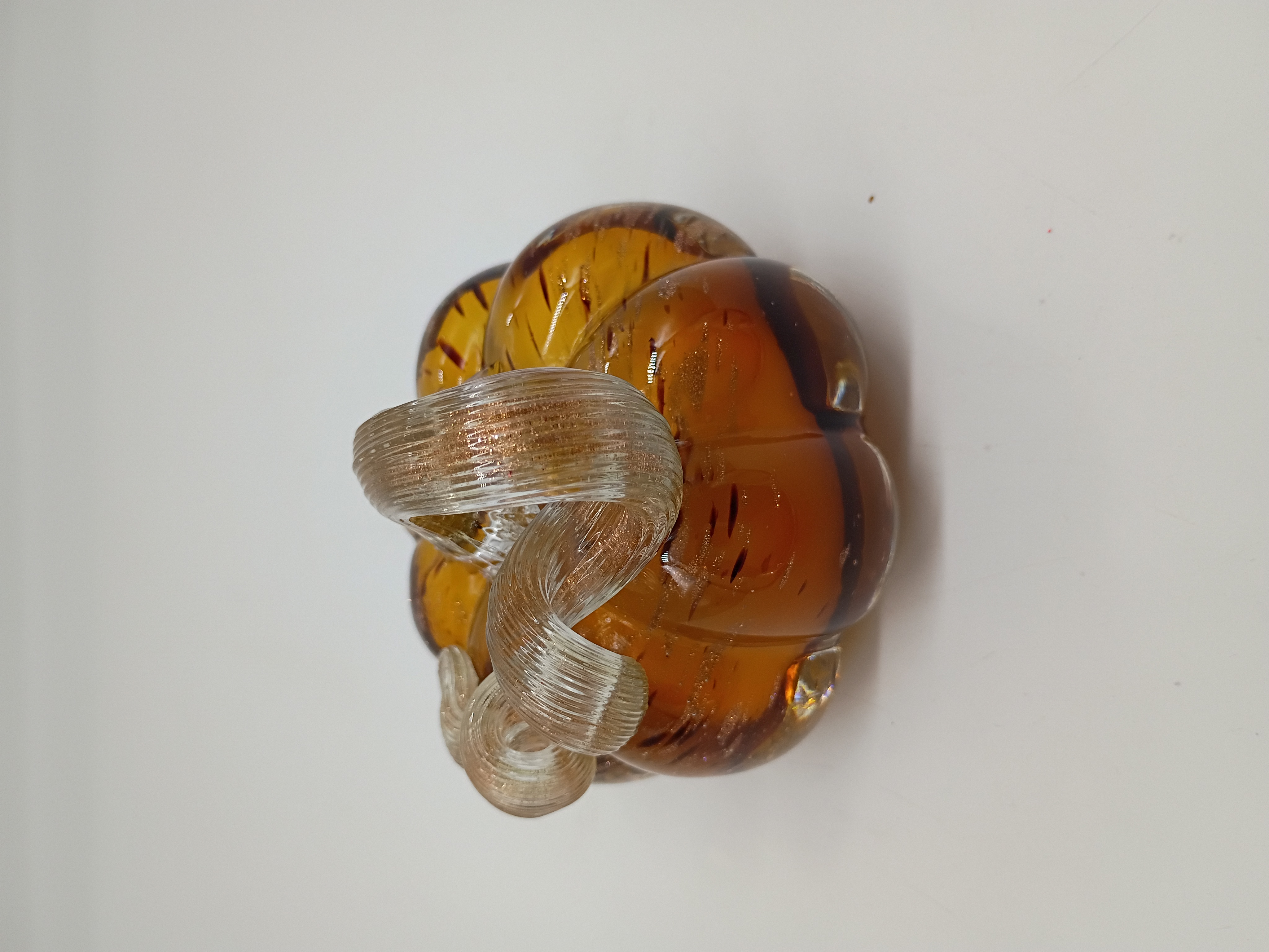 Hand Blown Art Glass Small 3.5" Amber/Orange Yellow with Clear Curly Stem