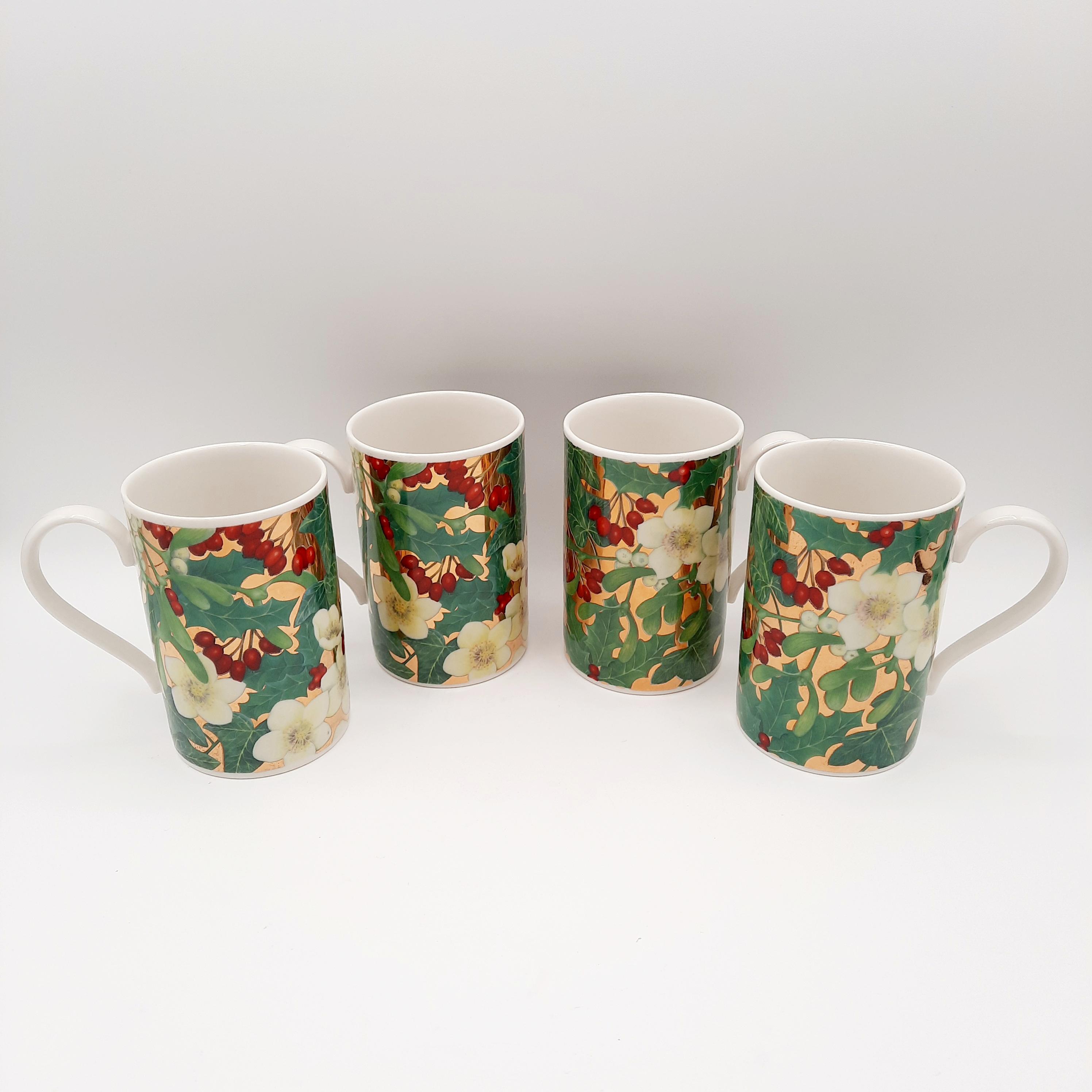 Vintage Dunoon Scotland Mugs Set Of 4 Christmas Holly Berries Floral ...