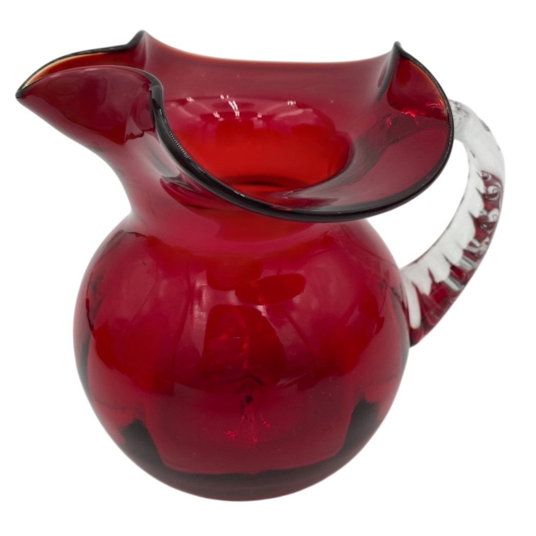 Vintage (70s) Viking Glass Fluted Pitcher, Epic Ruby Red, Crimped Clear ...